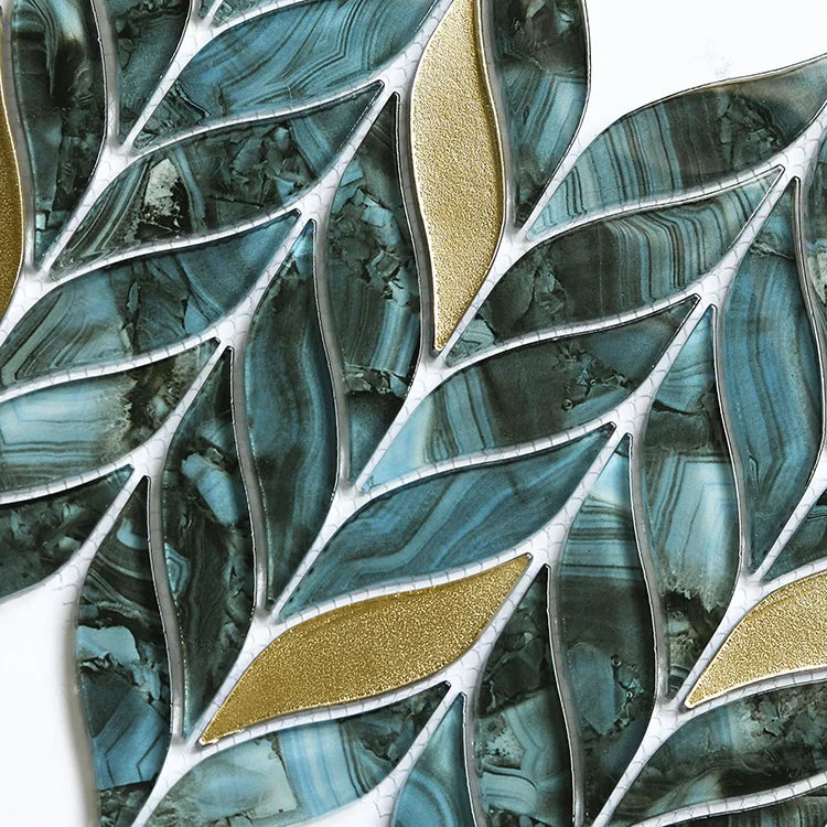 Green glass waterjet mosaic cutting wall tile leaf pattern – Rungranda